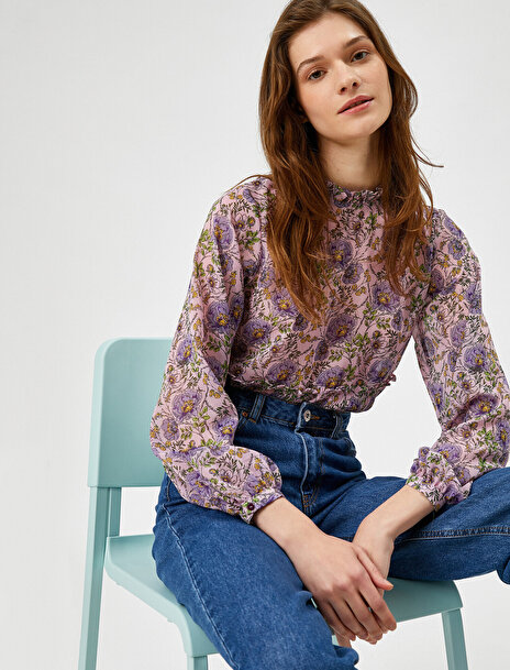 Koton Kadın Çiçekli Bluz Dik Yaka Fırfırlı