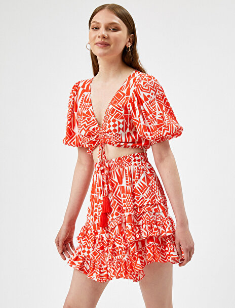 Koton Kadın Desenli Etek Fırfırlı Püskül Detaylı