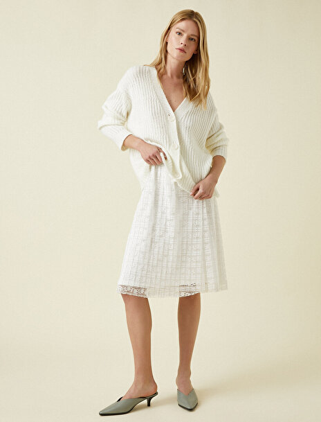 Koton Kadın Pileli Dantel Görünümlü Midi Boy Etek