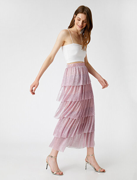 Koton Kadın Tül Etek Katlı Metalik