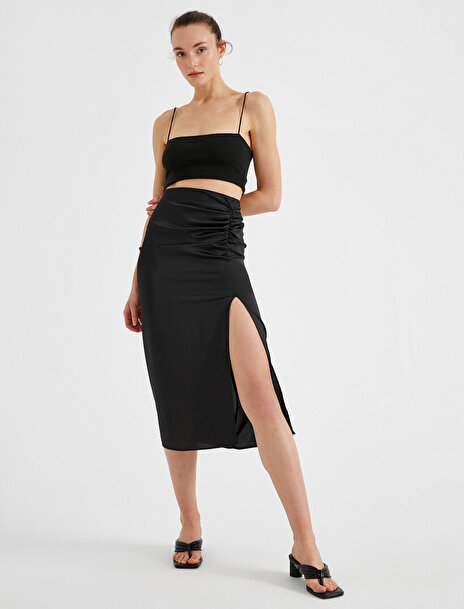 Koton Kadın Yırtmaçlı Etek Midi Boy Büzgülü