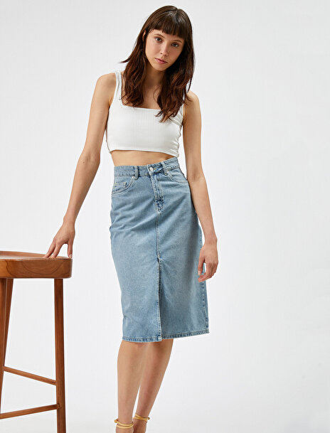 Koton Ole Genç Kız Yırtmaçlı Midi Kot Etek