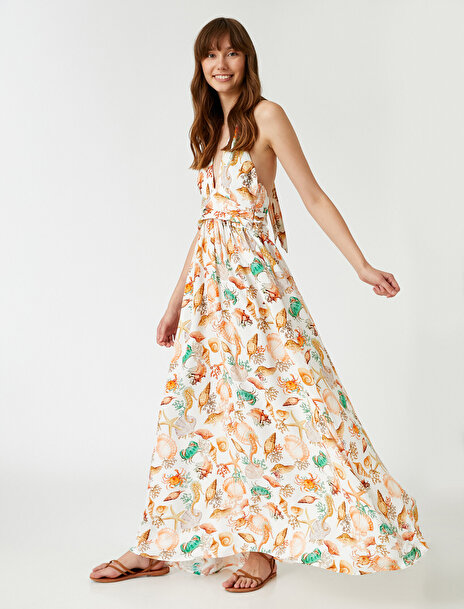 Koton Kadın V yaka Elbise Boyundan Bağlamalı Desenli Koton Kadın V yaka Elbise Boyundan Bağlamalı Desenli