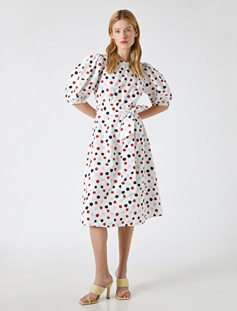 Koton Kadın Poplin Elbise Puantiyeli  Balon Kol Belden Bağlamalı Bisiklet Yaka