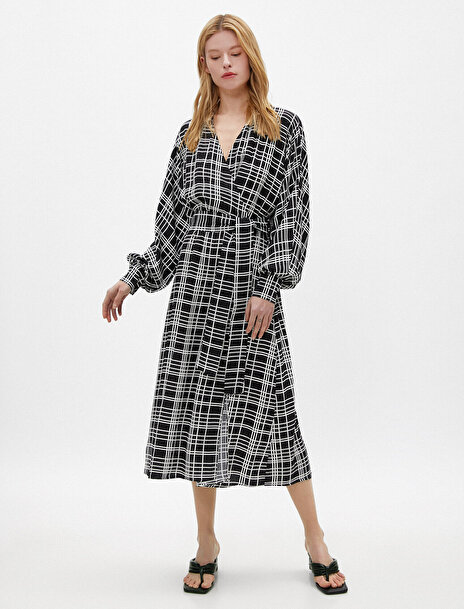 Koton Kadın Kareli Elbise Belden Bağlamalı Uzun Kollu