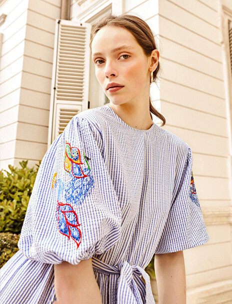 Koton Kadın El Emeği Elbise İşlemeli Çizgili Balon Kollu