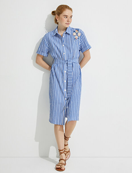 Koton Kadın El Emeği Elbise Boncuk İşlemeli Çizgili Kısa Kollu Gömlek Yaka Kuşaklı Koton Kadın El Emeği Elbise Boncuk İşlemeli Çizgili Kısa Kollu Gömlek Yaka Kuşaklı