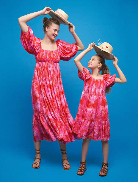 Koton Kadın Desenli Elbise Balon Kollu Kare Yaka