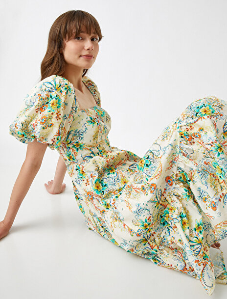 Koton Kadın Çiçekli Yazlık Elbise Balon Kollu Pamuklu