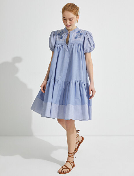 Koton Kadın El Emeği Elbise İşlemeli Çizgili Pamuklu