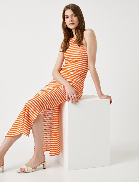 Koton Kadın Çizgili Elbise Halter Yaka Pamuklu