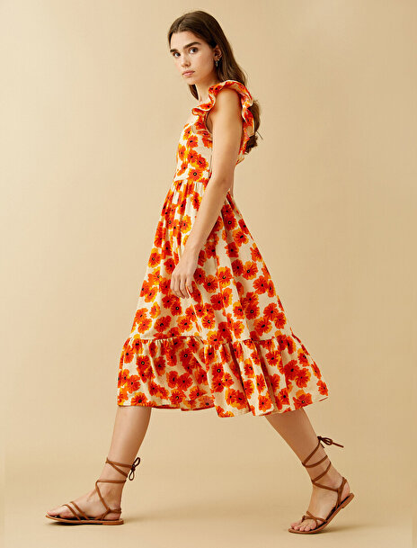 Koton Kadın Çiçekli Yazlık Elbise Firfirli Pamuklu