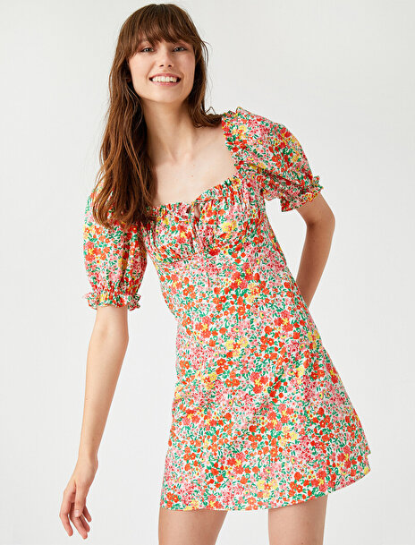 Koton Kadın Çiçekli Yazlık Elbise Balon Kollu Pamuklu