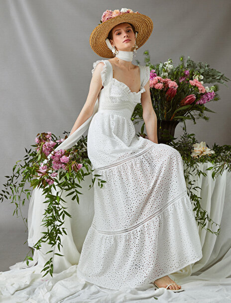 Koton Kadın Dantel Fırfırlı V Yaka Elbise