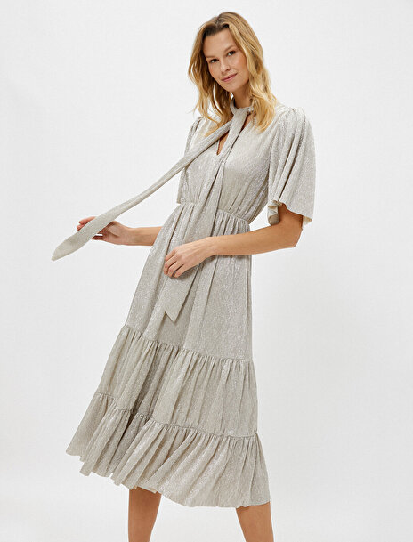 Koton Kadın Metalik Elbise Abiye Kısa Kollu Fular Yaka