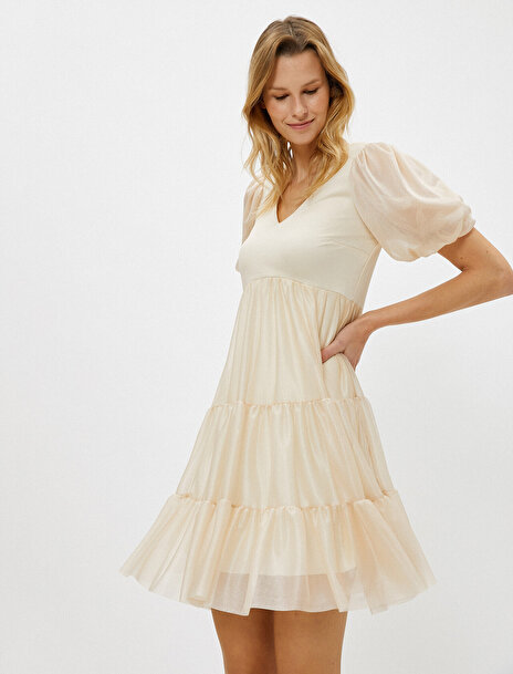 Koton Kadın Kısa Balon Kollu Elbise V Yaka Mini