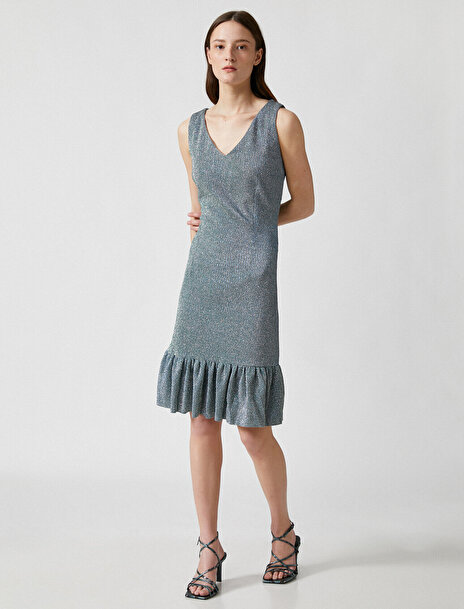 Koton Kadın V Yaka Elbise Metalik Fırfır Detaylı