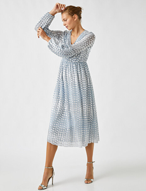 Koton Kadın Puantiyeli Elbise Metalik Uzun Kollu V Yaka