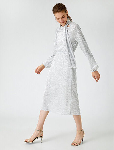 Koton Kadın Metalik Elbise Abiye Fular Yaka