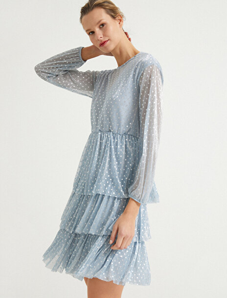 Koton Kadın Puantiyeli Elbise Uzun Kollu Bisiklet Yaka  Tül