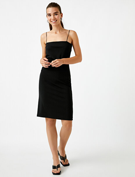 Koton Kadın Kare Yaka Elbise İnce Askılı Midi Boy