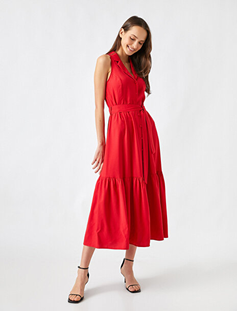 Koton Kadın Gömlek Yaka Elbise Kolsuz Düğmeli Maxi