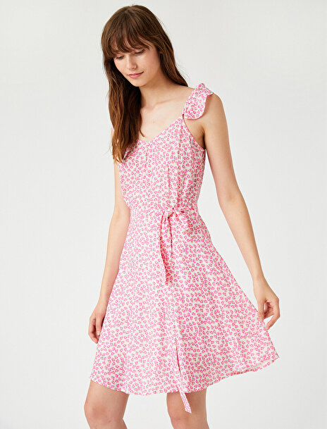 Koton Kadın Çiçekli Yazlık Elbise Askili Firfir Detayli