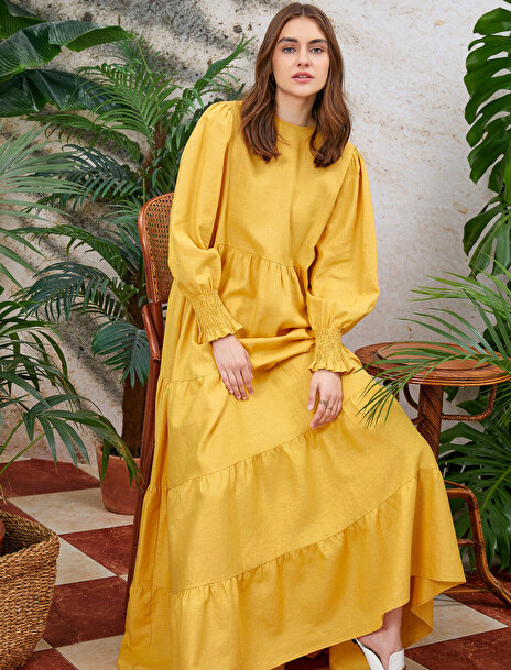 Koton Kadın Keten Elbise Uzun Kollu Bisiklet Yaka