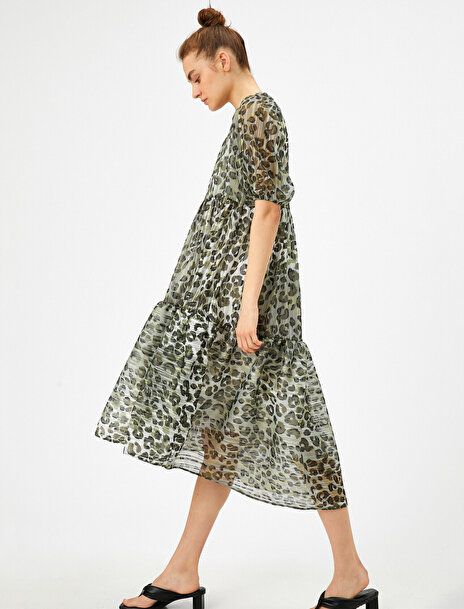 Koton Kadın Leopar Desenli Elbise Kısa Kollu