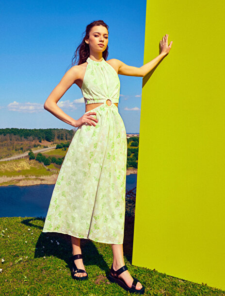 Koton Kadın Çiçekli Yazlık Elbise Pencere Detayli Pamuklu