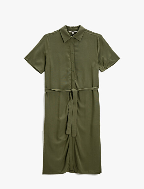 Koton Kadın Gömlek Yaka Elbise Düz Kısa Kollu Beli Kuşaklı