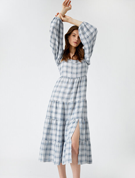 Koton Kadın Desenli Elbise Uzun Kollu Yırtmaçlı