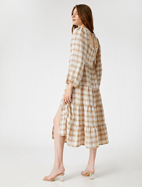 Koton Kadın Desenli Elbise Uzun Kollu Yırtmaçlı