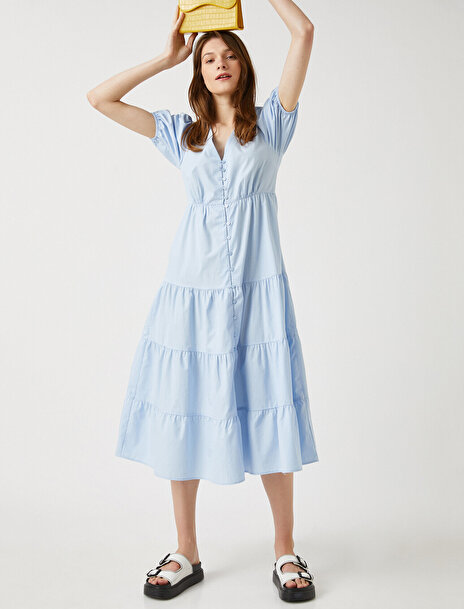 Koton Kadın Kısa Kollu Fırfırlı Midi Pamuklu Elbise