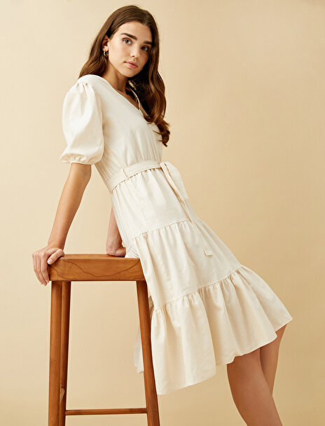 Koton Kadın Poplin Elbise V Yaka Balon Kol