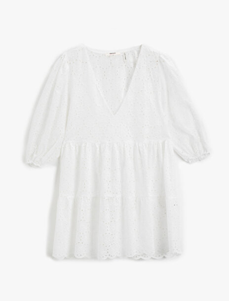 Koton Kadın V Yaka Pamuklu Elbise Fisto İşlemeli