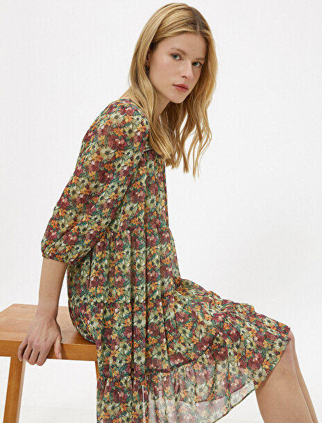 Koton Kadın Çiçekli Yazlık Elbise  Tül 3/4 Kol Bisiklet Yaka