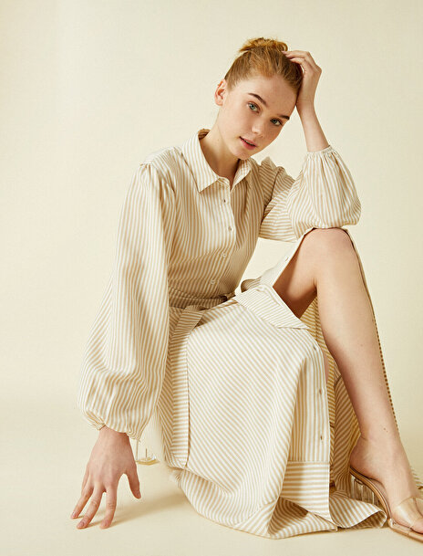 Koton Kadın Uzun Kollu Elbise Çizgili Gömlek Yaka Maxi