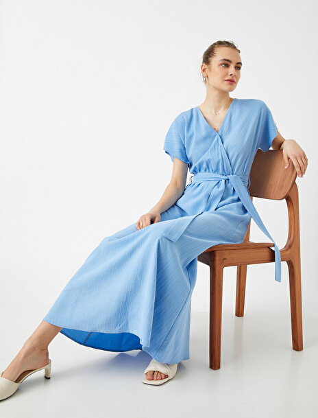 Koton Kadın Uzun Elbise Kemerli V Yaka Kısa Kollu