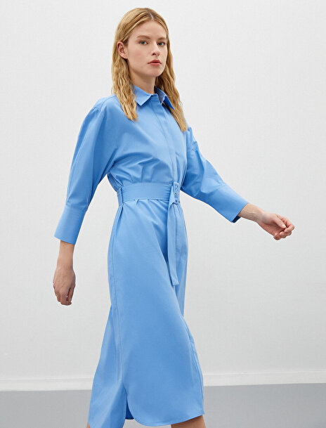 Koton Kadın Poplin Gömlek Elbise Kemerli Pamuklu 3/4 Kol