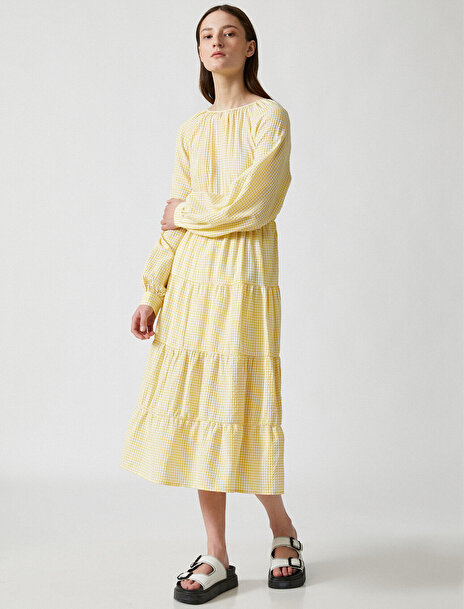 Koton Kadın Kareli Elbise Uzun Kollu Bisiklet Yaka Maxi