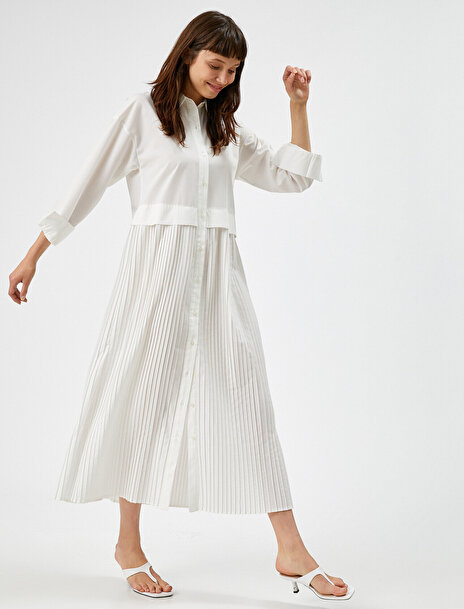 Koton Kadın Gömlek Yaka Elbise Pileli