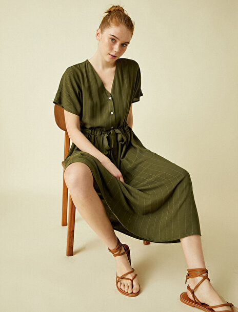 Koton Kadın Kısa Kollu Elbise Çizgili Belden Bağlamalı