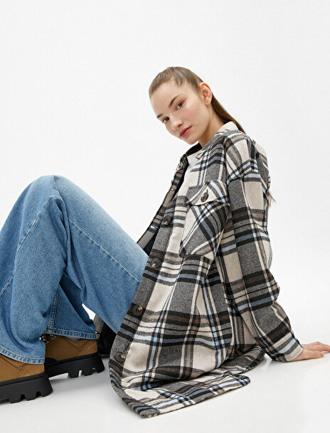 Koton Ole Genç Kız Ekose Ceket Cepli Uzun