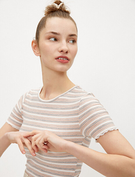 Koton Ole Genç Kız Çizgili Tişört Bisiklet Yaka Simli