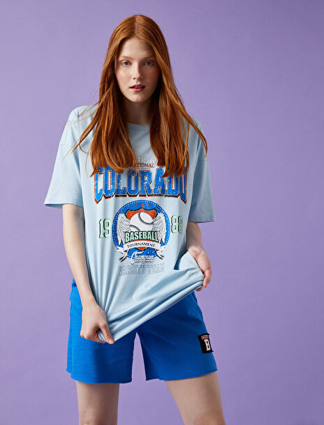 Koton Kadın Baskılı Tişört Bisiklet Yaka Pamuklu Oversize