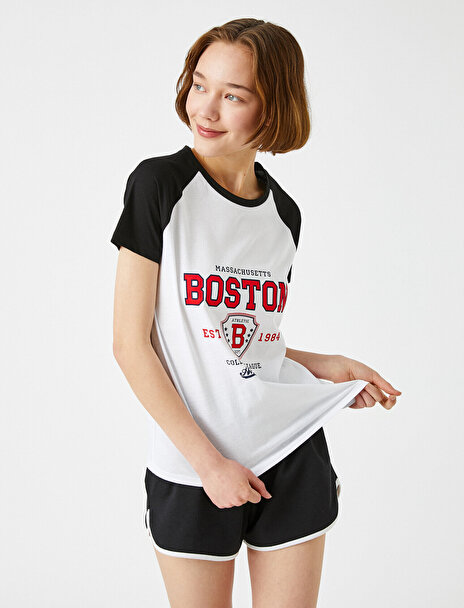 Koton Ole Genç Kız Renk Bloklu Tişört Yazılı Baskılı Pamuklu