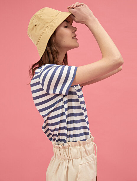 Koton Ole Genç Kız Çizgili Tişört Bisiklet Yaka Kısa Kollu Pamuklu Oversize