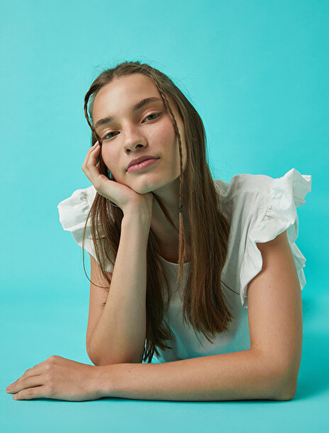 Koton Kadın Fırfırlı Tişört Bisiklet Yaka Pamuklu