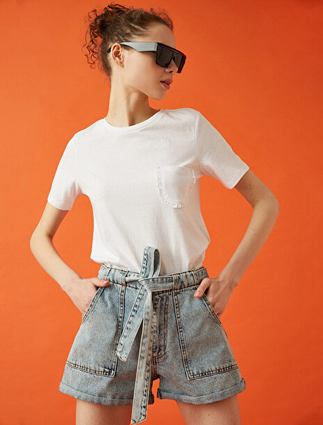 Koton Ole Genç Kız Cepli Tişört Fırfır Detaylı Bisiklet Yaka Pamuklu